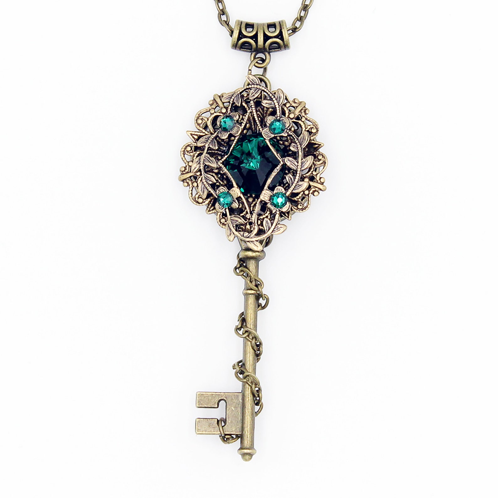Emerald Swarovski Crystal Key Necklace: Floral Elven Fantasy Jewelry - Etsy