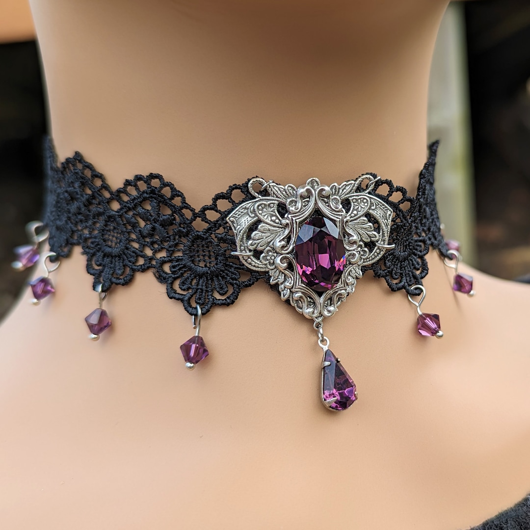 Vintage Amethyst Choker Necklace Made With Swarovski Crystals, Gothic Jewelry, Dark Fantasy ...