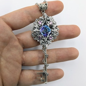 Sterling Silver Elven Key Necklace: Swarovski Crystal Floral Fantasy ...
