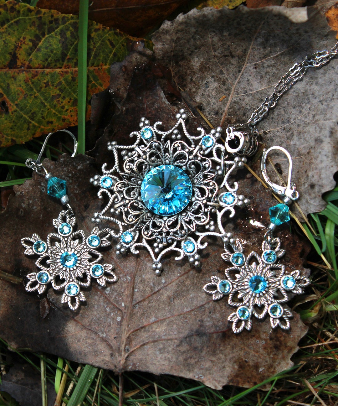 Sterling Silver Swarovski Crystal Snowflake Necklace and Earring ...