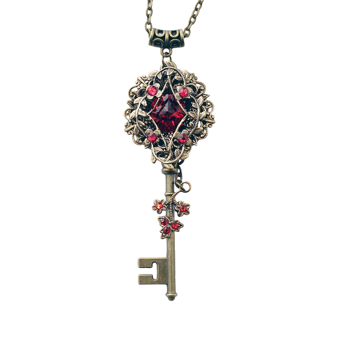 Vintage Brass Elven Key Necklace With Red Swarovski Crystals, Magical ...