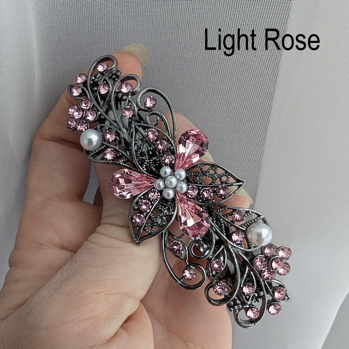 Pink Rose Swarovski Crystal Hair Clip: Bridal Barrette for Thick Hair ...