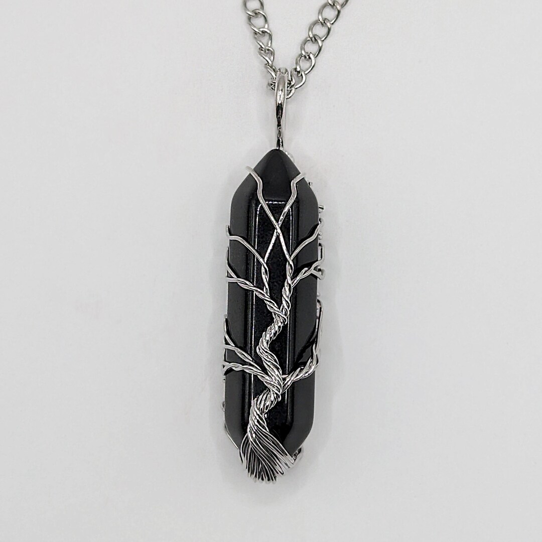 Black Obsidian Tree of Life Necklace: Silver Wire Wrapped Stone Pendant ...