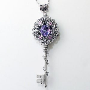 Sterling Silver Elven Key Necklace: Swarovski Crystal Floral Fantasy ...