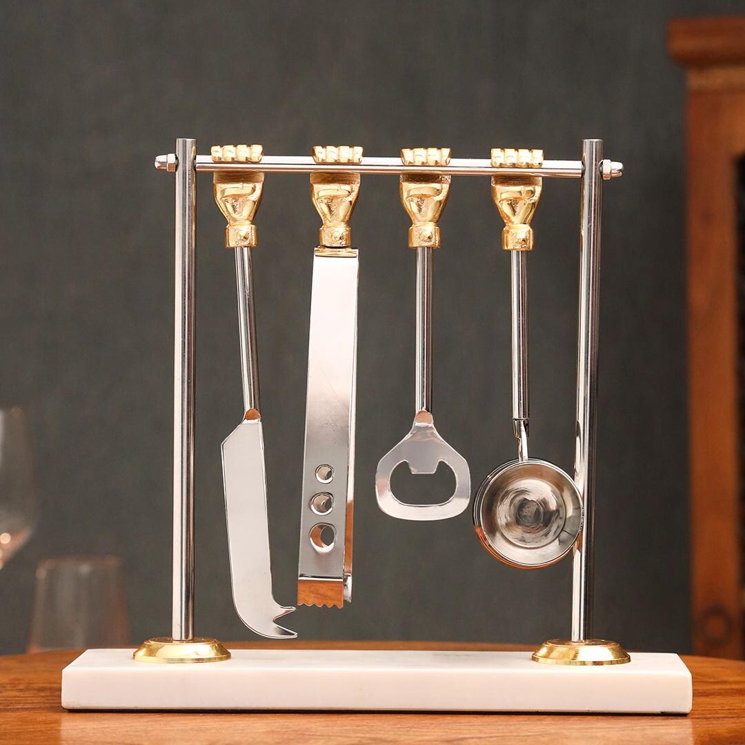 Brass & Stainless Steel Bar Tool Set With Stand - Handmade Cocktail ...