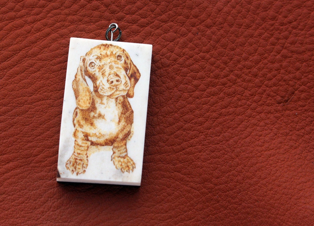 Pyrography, Red Deer Antler, Bone, Medal, Pendant, Necklace, Dachshund ...