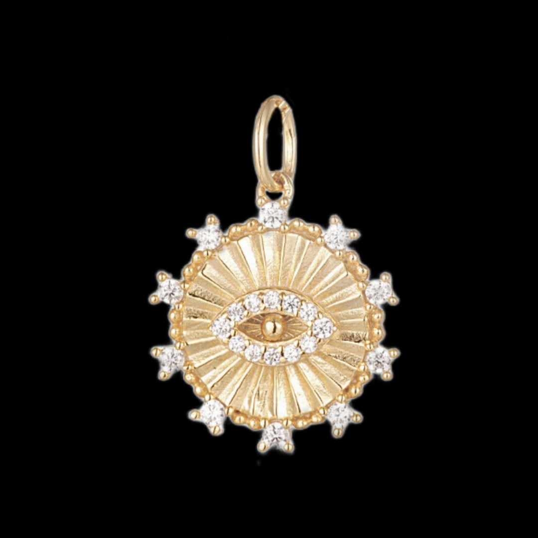 925 Silver Gold Diamond Evil Eye Medallion Charm, Protection Evil Eye ...