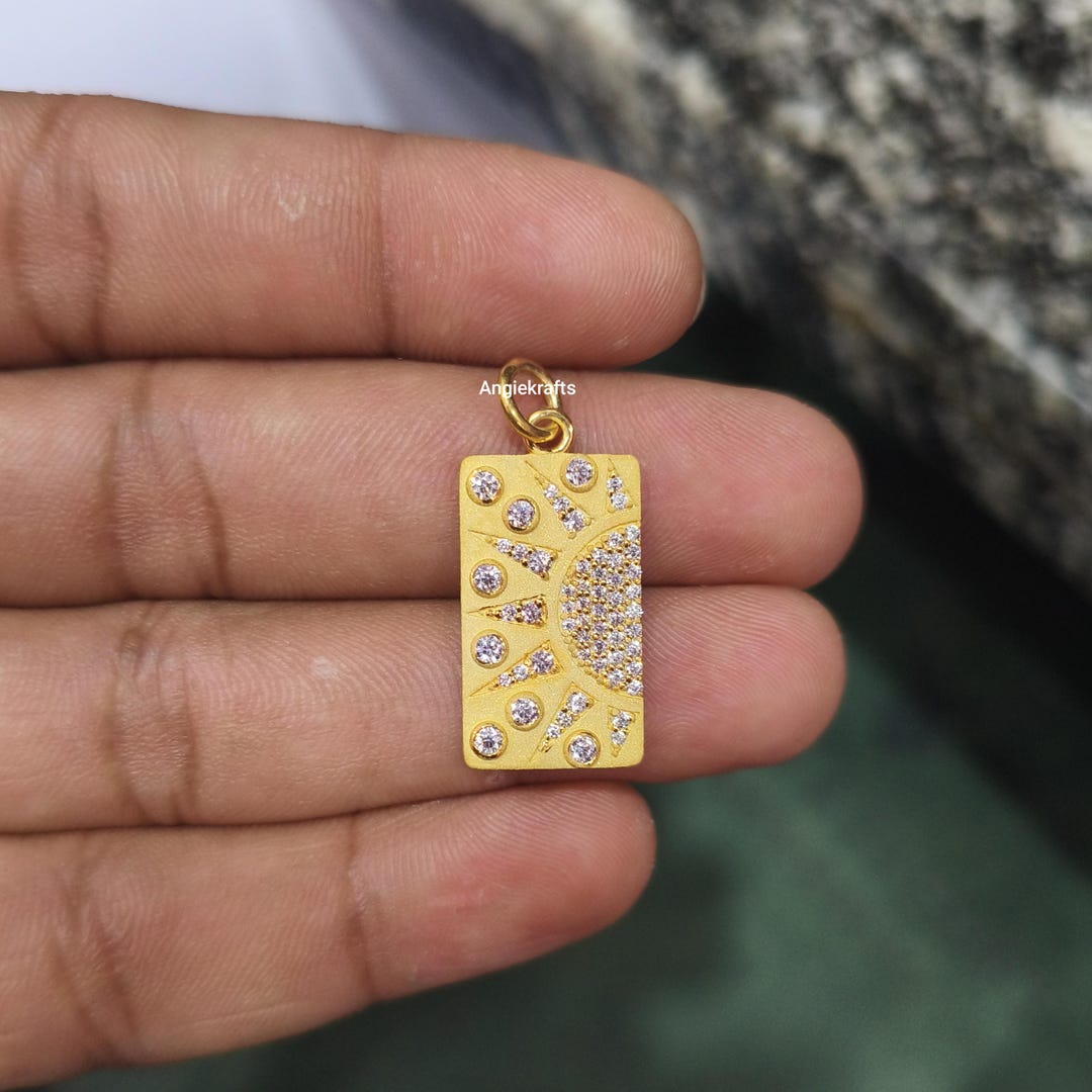 14k Solid Gold Diamond Sunburst Rectangle Pendant, Beautiful Sunburst Dog Tag Pendant Necklace ...