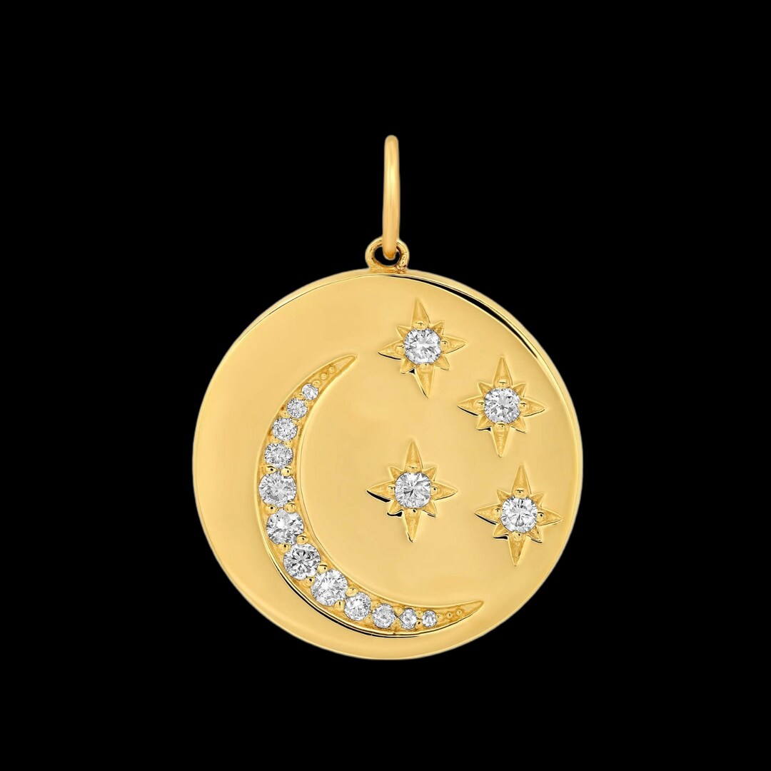 925 Silver Gold Diamond Moon Stars Coin Pendant. Celestial Coin Pendant ...