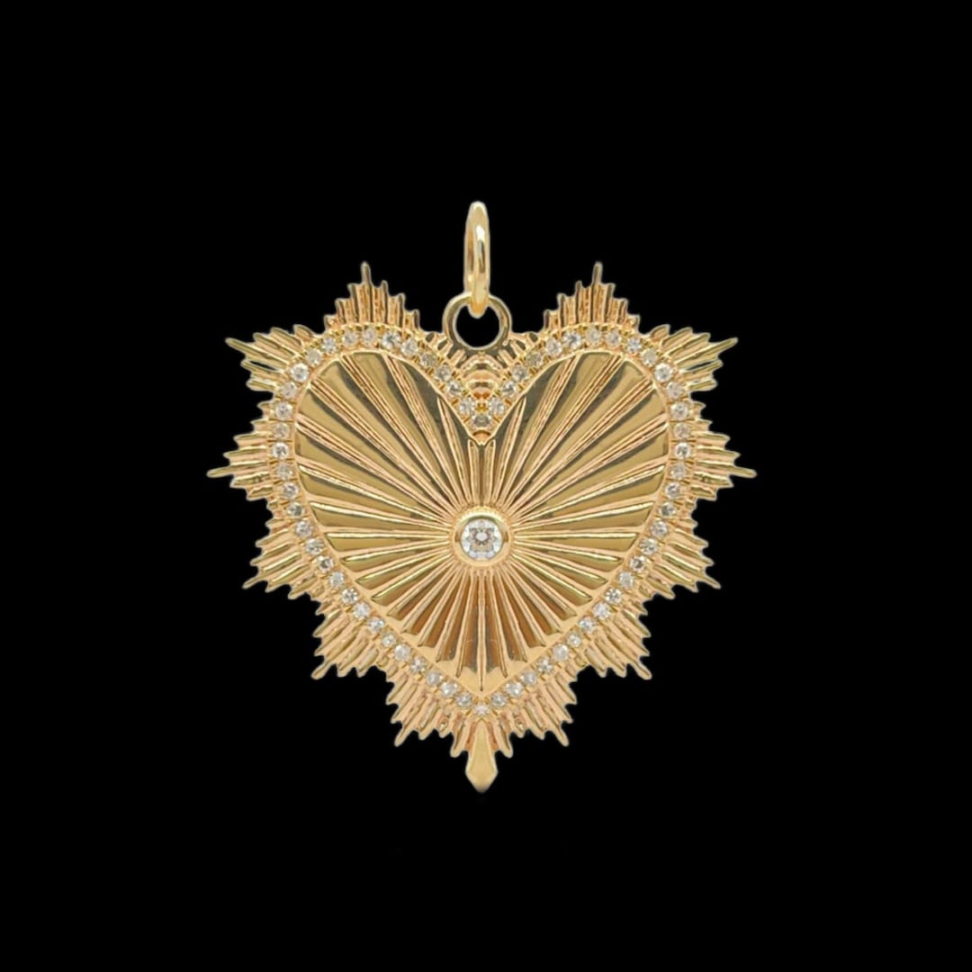 14k Solid Gold Starburst Heart Diamond Charm Necklace, Beautiful ...
