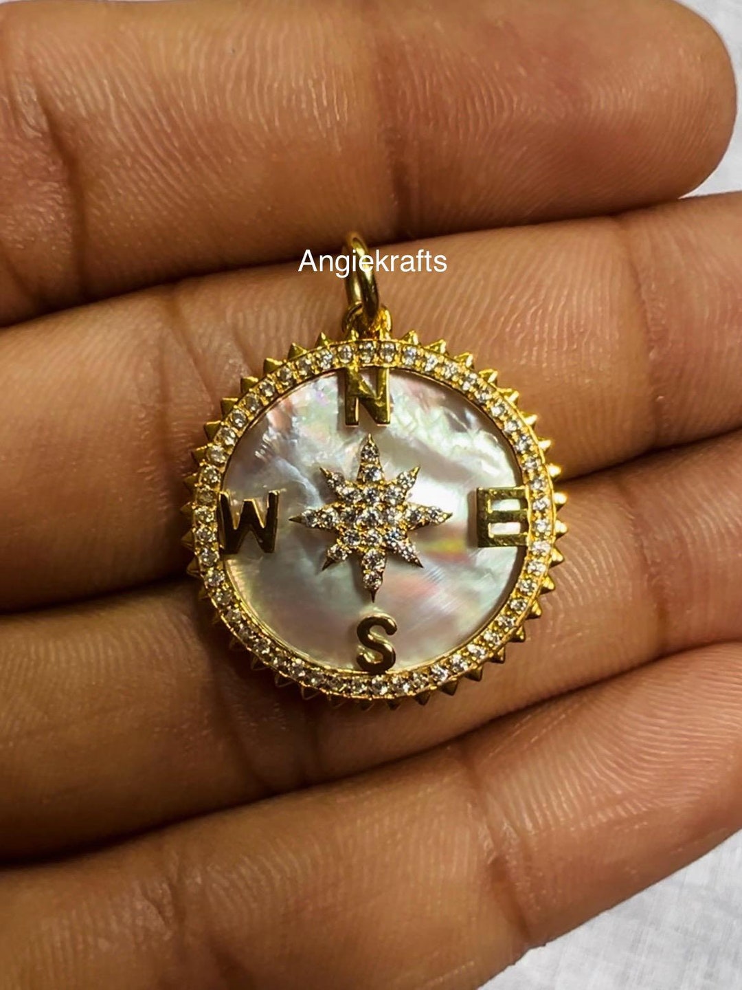 14k Solid Gold Compass Diamond Mother of Pearl Charm Necklace, Gold ...