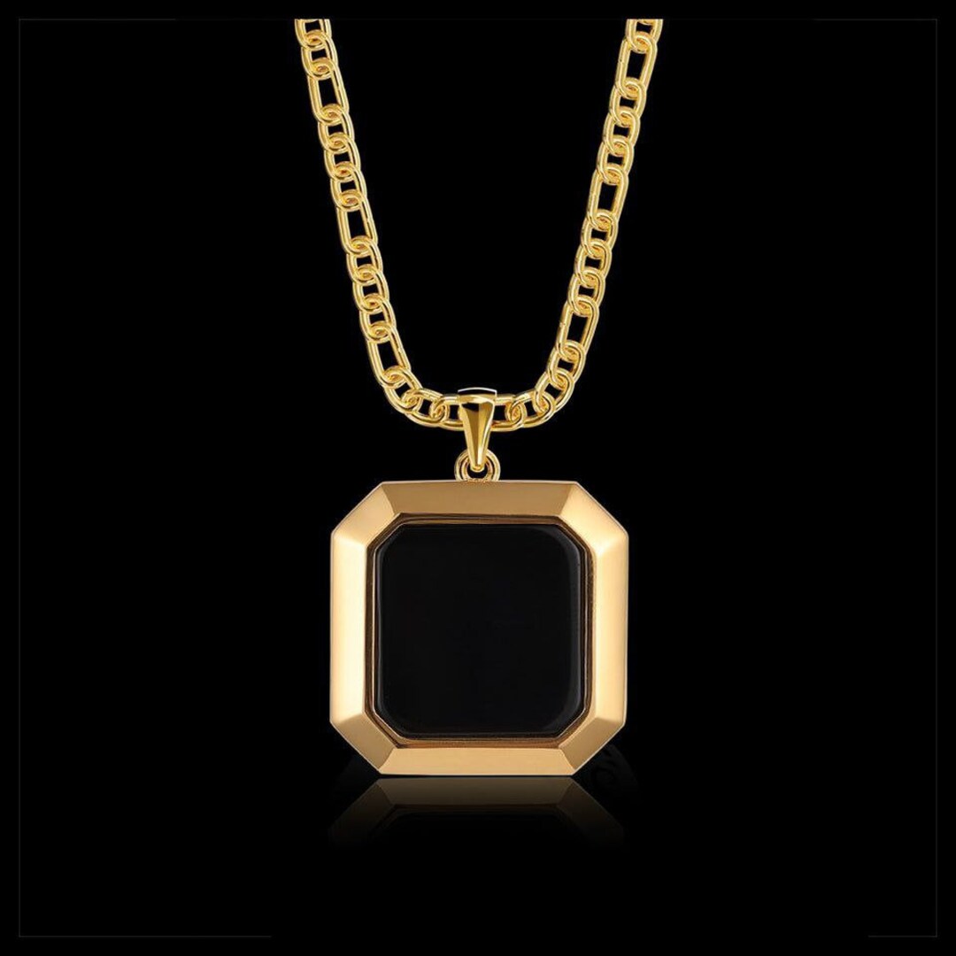925 Silver Gold Men's Onyx Stone Square Necklace. Sterling Silver Black ...