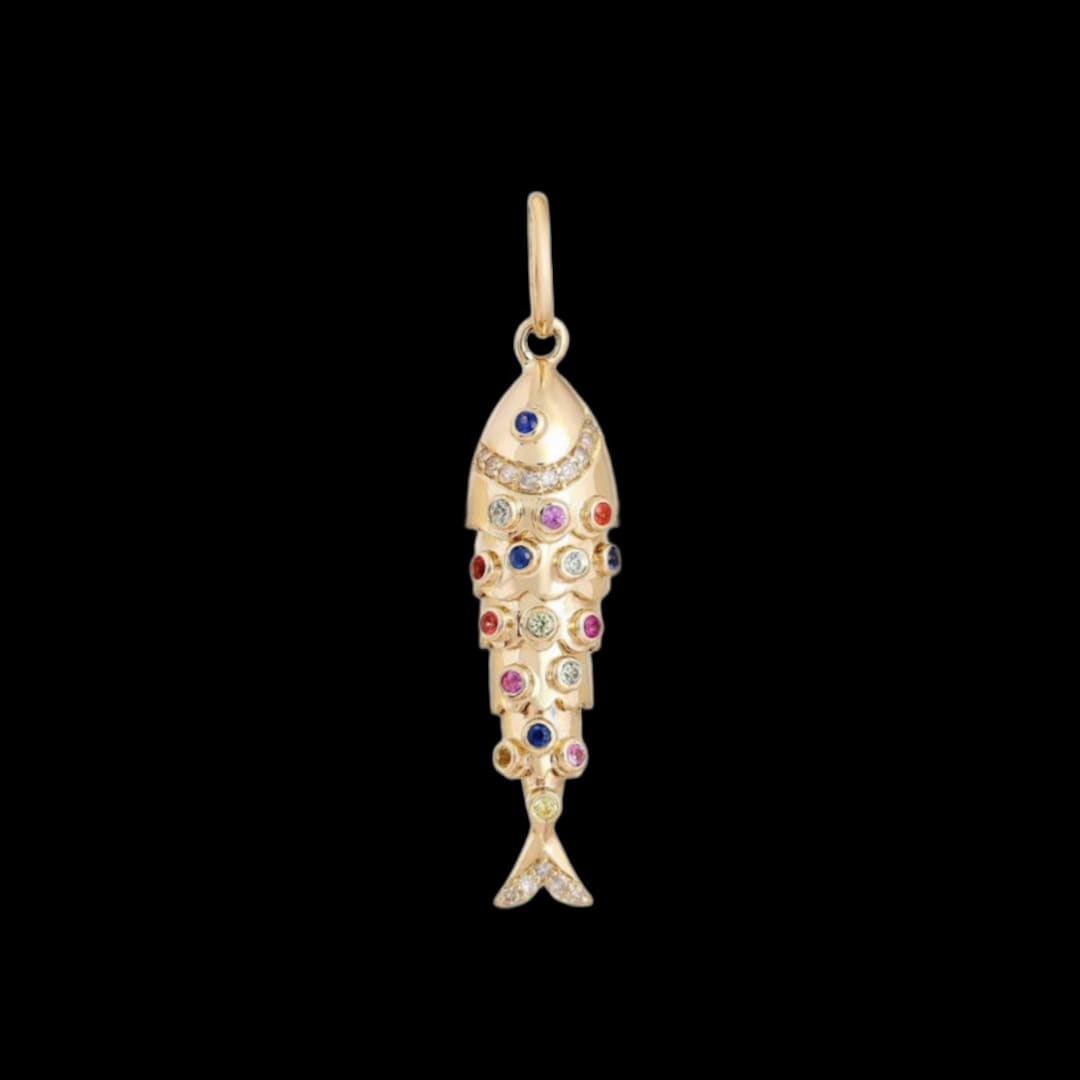 14k Solid Gold Fish Shape Multi Sapphire Pendant, Good Luck Pendant ...