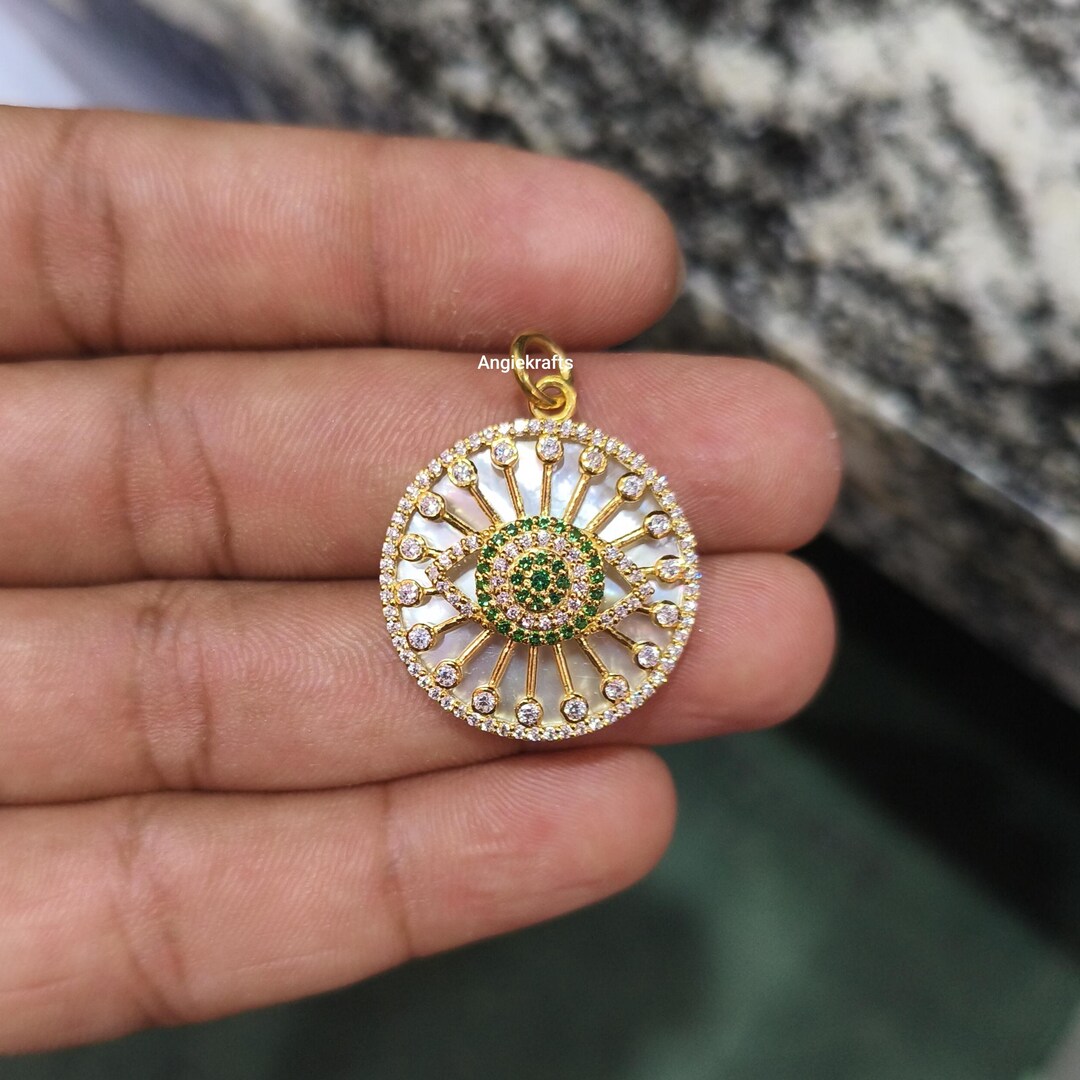 925 Silver Gold Beautiful Disc Evil Eye Mother of Pearl Emerald Diamond ...