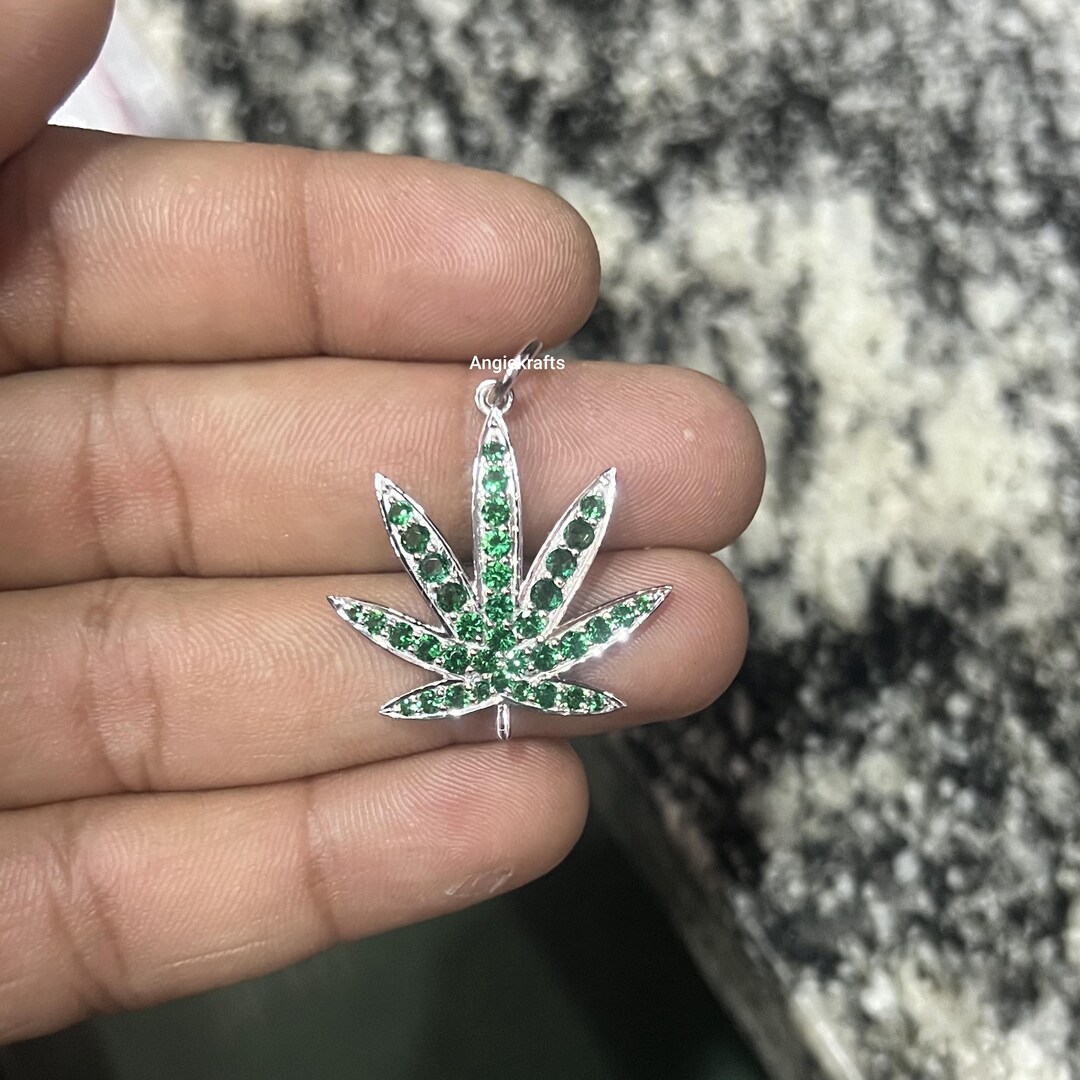 14k Solid Gold Emerald Marijuana Leaf Charm Pendant, Pot Leaf Necklace ...