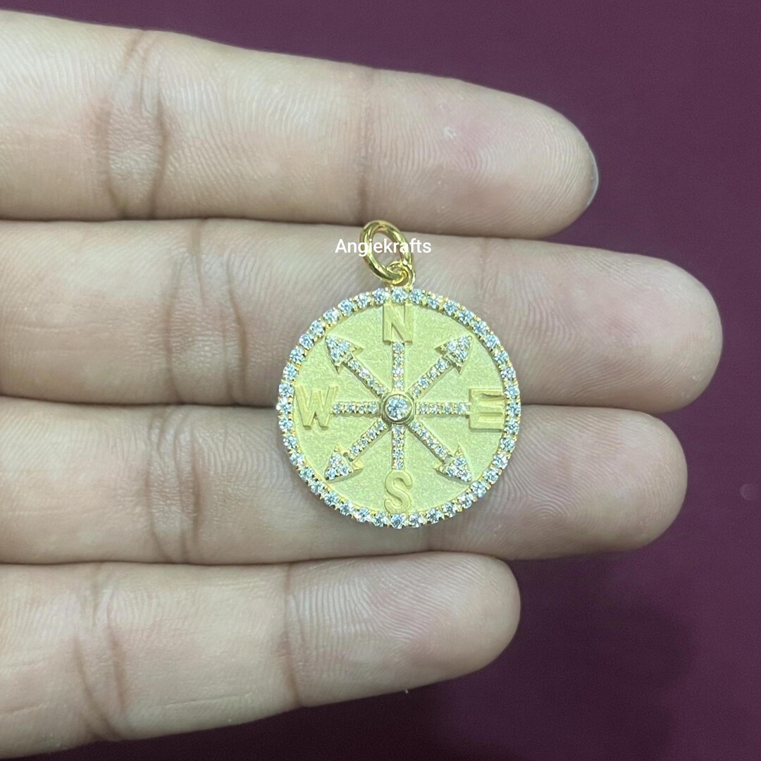 14k Solid Gold Compass Diamond Charm Necklace, Gold Disc Compass Charm ...