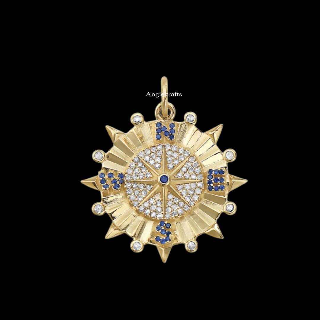 925 Silver Gold Diamond Compass Ruby Charm Pendant, Beautiful Sunburst ...
