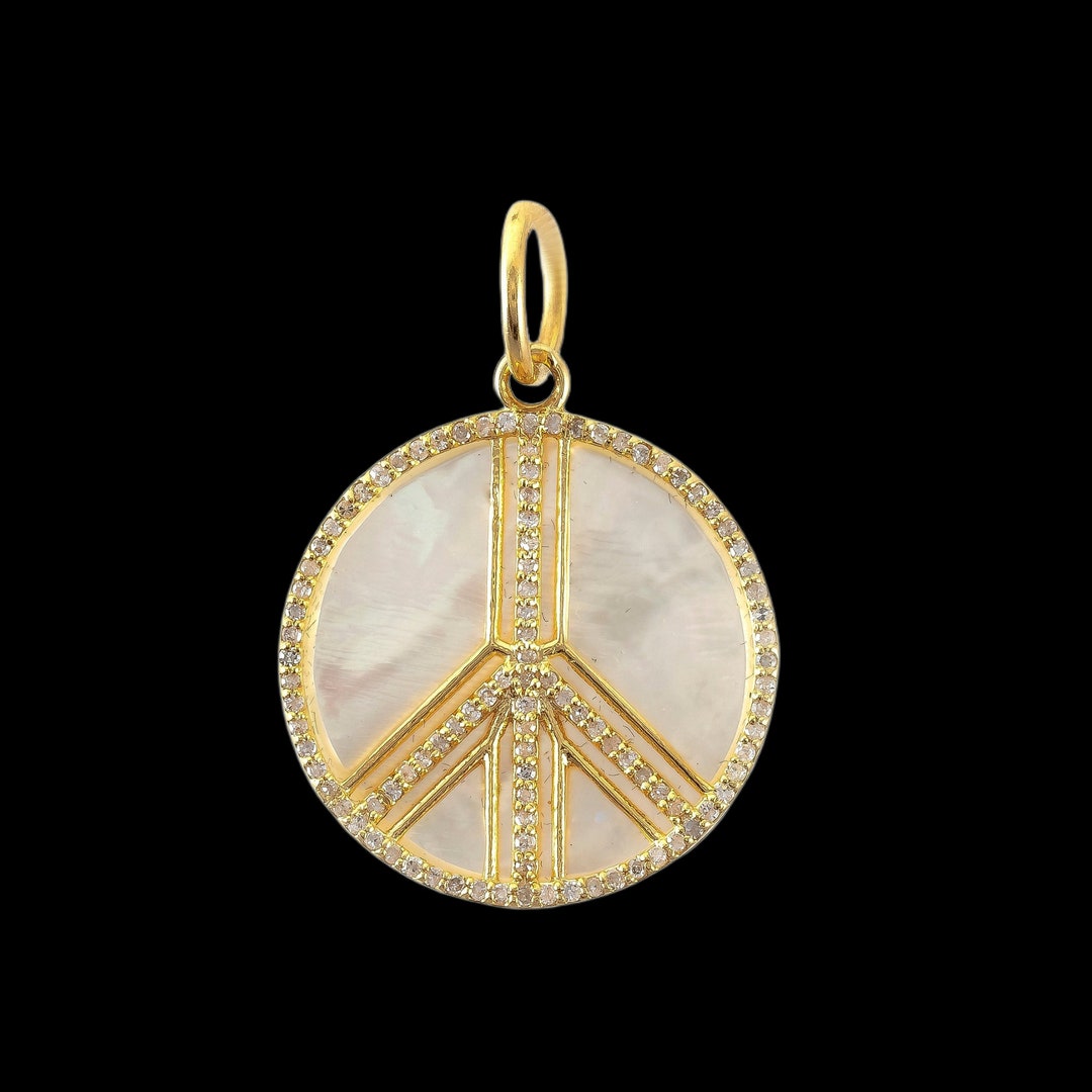 925 Silver Gold Mother of Pearl and Diamond Peace Sign Pendant ...