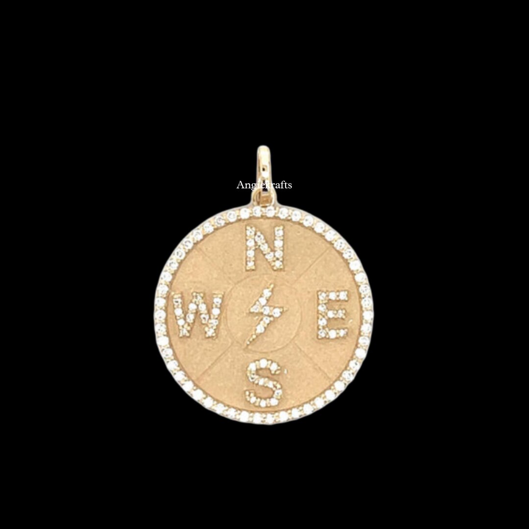 925 Silver Gold Lightning Bolt Compass Diamond Charm Necklace, Emerald ...