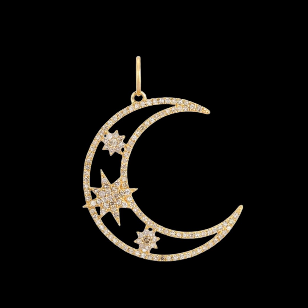 925 Silver Gold Diamond Moon Stars Coin Pendant, Celestial Coin Pendant ...