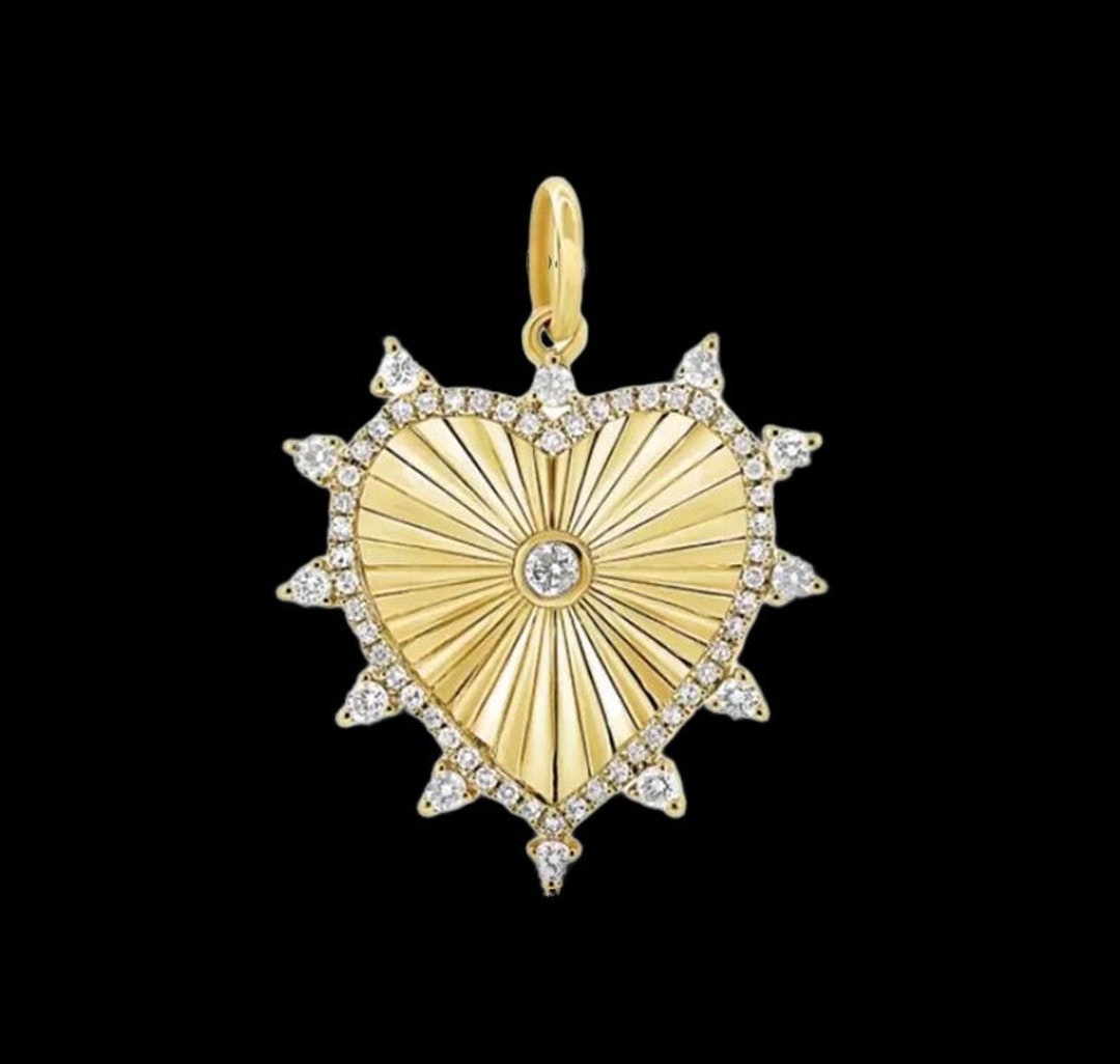 14k Solid Gold Starburst Heart Diamond Charm Pendant, 14k Gold ...