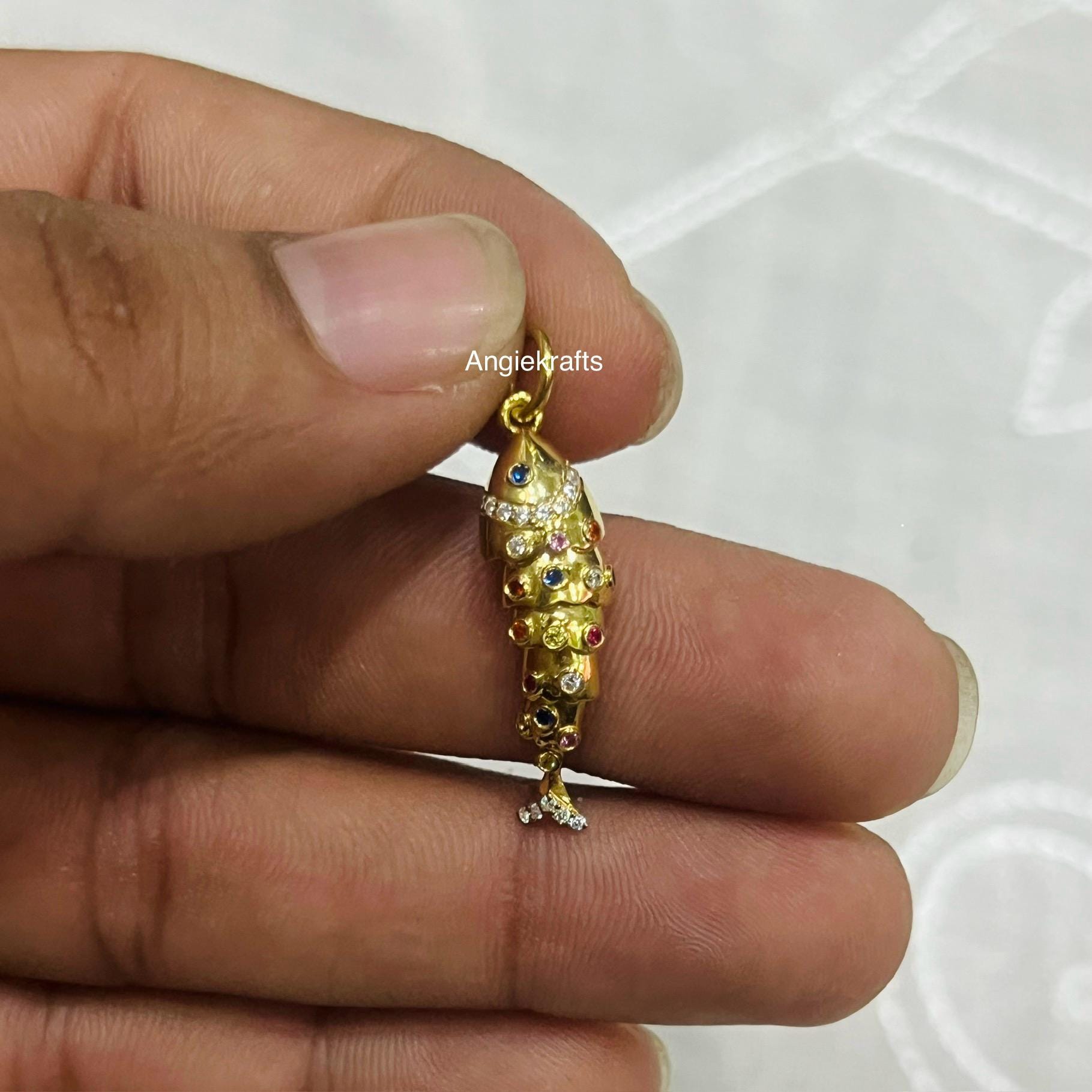 14k Solid Gold Fish Shape Multi Sapphire Pendant, Good Luck Pendant ...