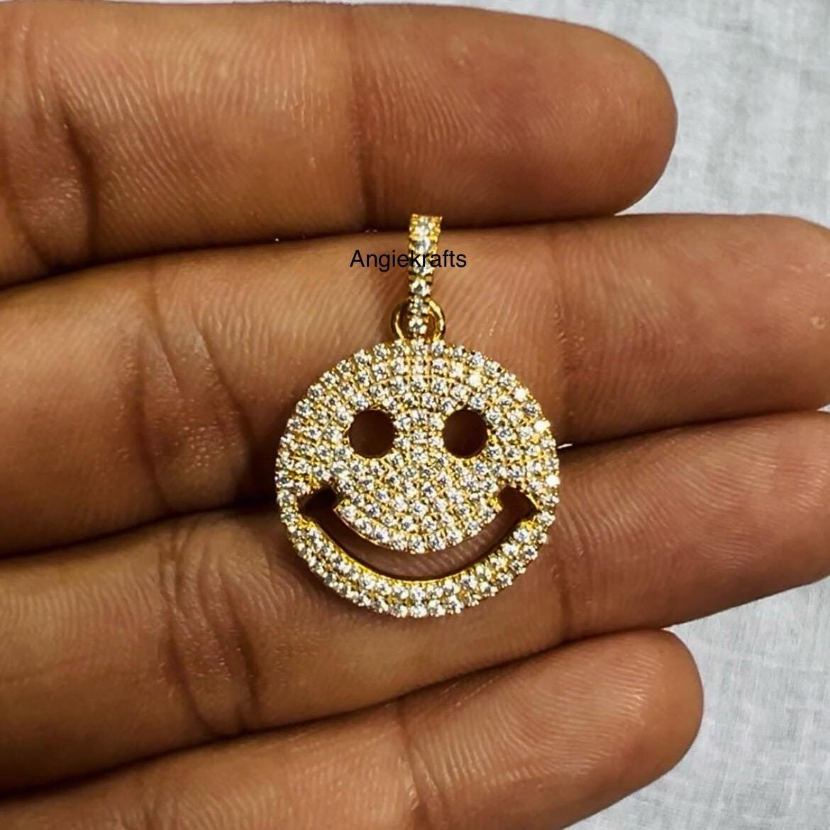 14k Solid Gold Designer Smiley Face Diamond Coin Pendant. Beautiful ...