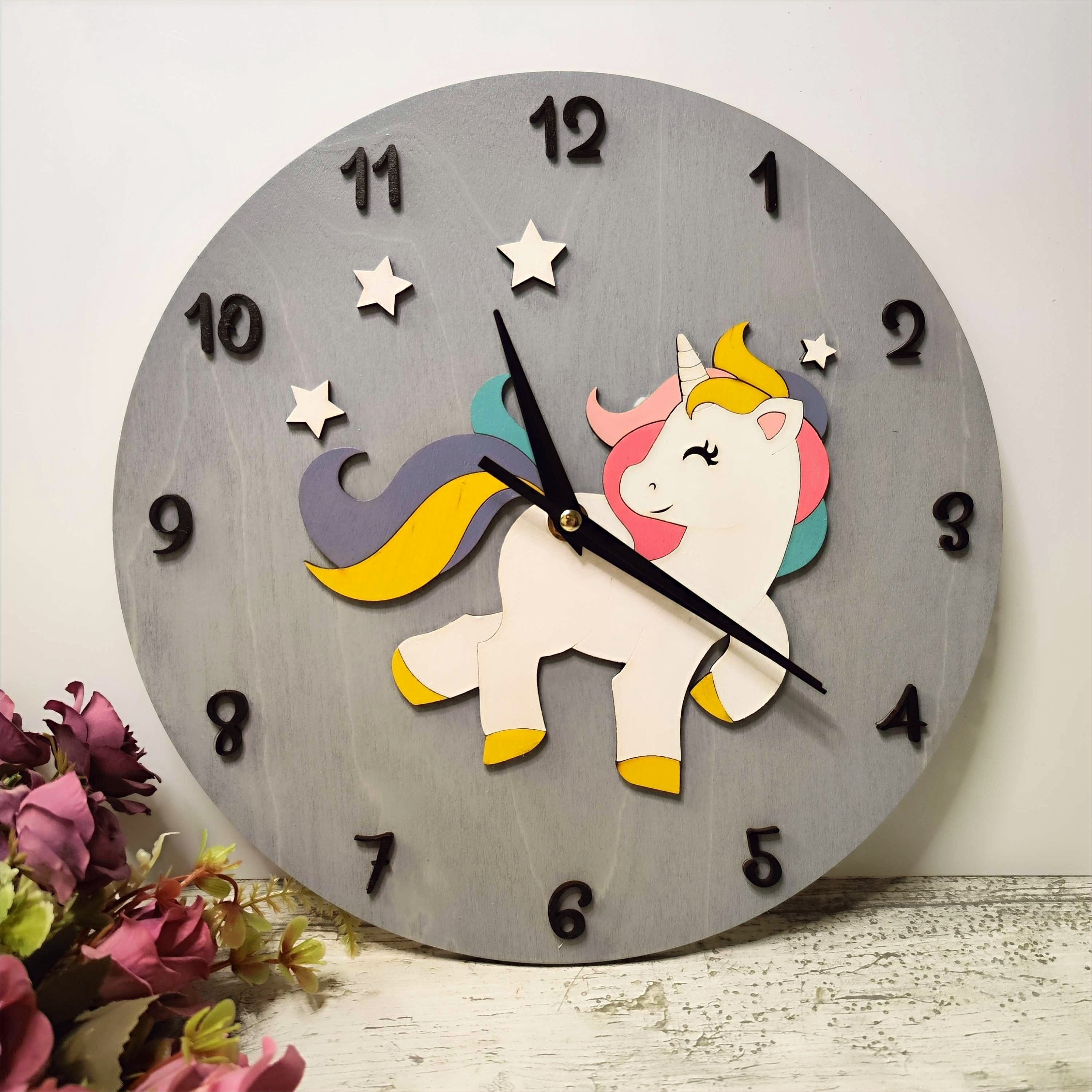 Kids Wooden Wall Clock unicorn - Etsy