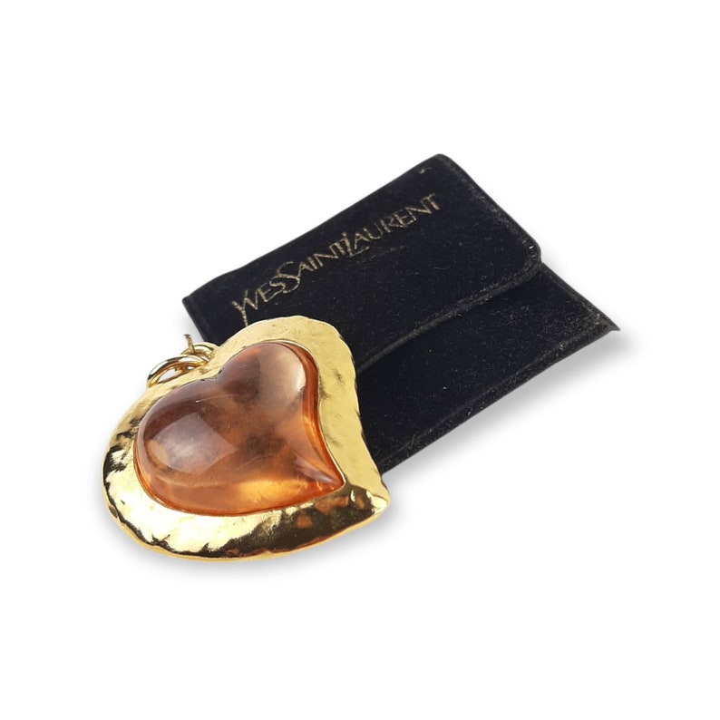 YSL Yves Saint Laurent Gold Tone Heart Pendant With Amber Lucite Heart ...