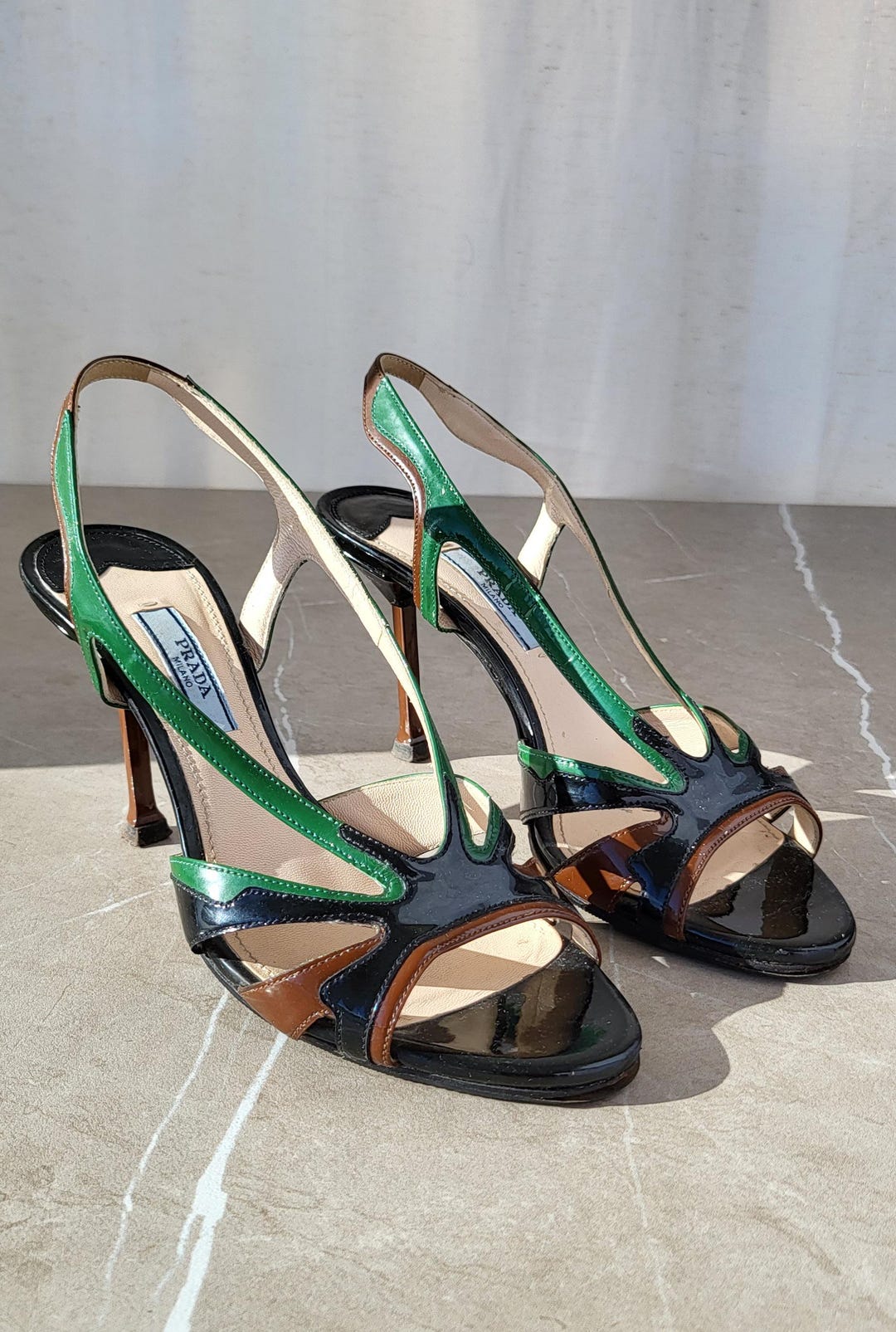 Prada Spring 2012 Flames Black, Brown & Green Patent Leather Slingback ...