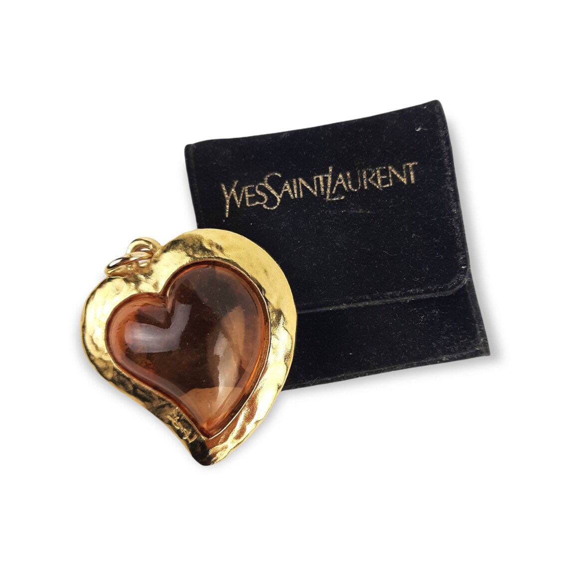 YSL Yves Saint Laurent Gold Tone Heart Pendant With Amber Lucite Heart ...