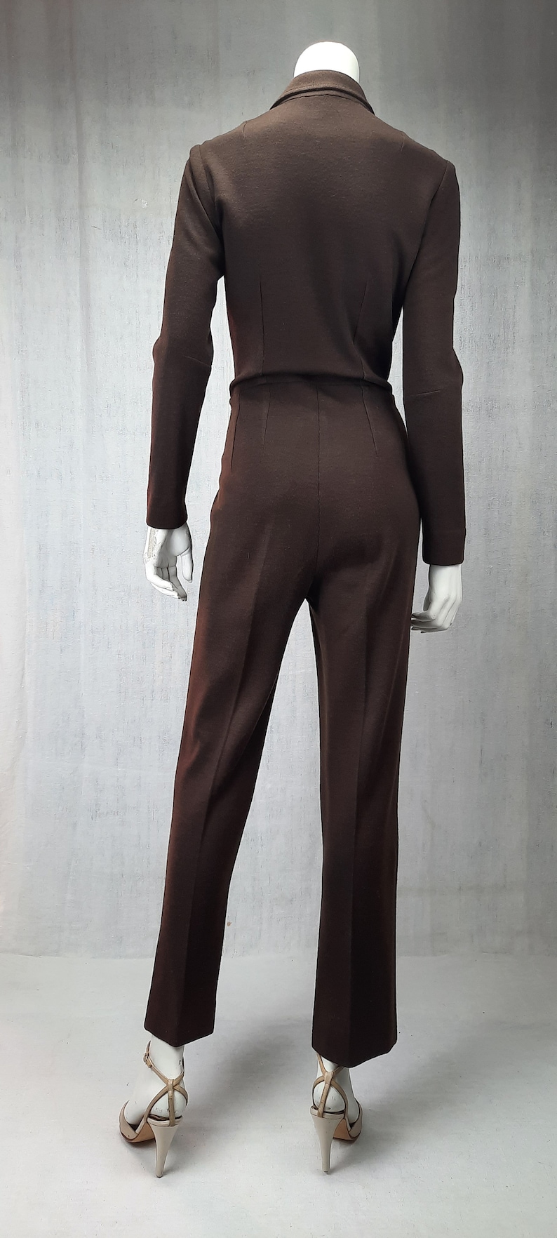 70s Brown Wool Zip up Jumpsuit / Vintage Retro Seventies Straight Legs ...