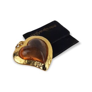 YSL Yves Saint Laurent Gold Tone Heart Pendant With Amber Lucite Heart ...