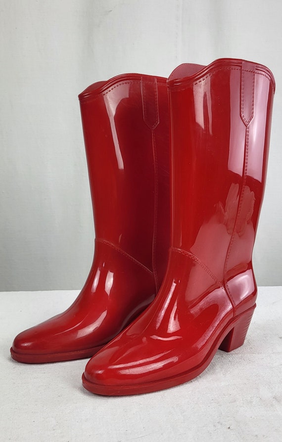 1980's Cowboy-Western Style Red Rubber Rain Boots - Gem