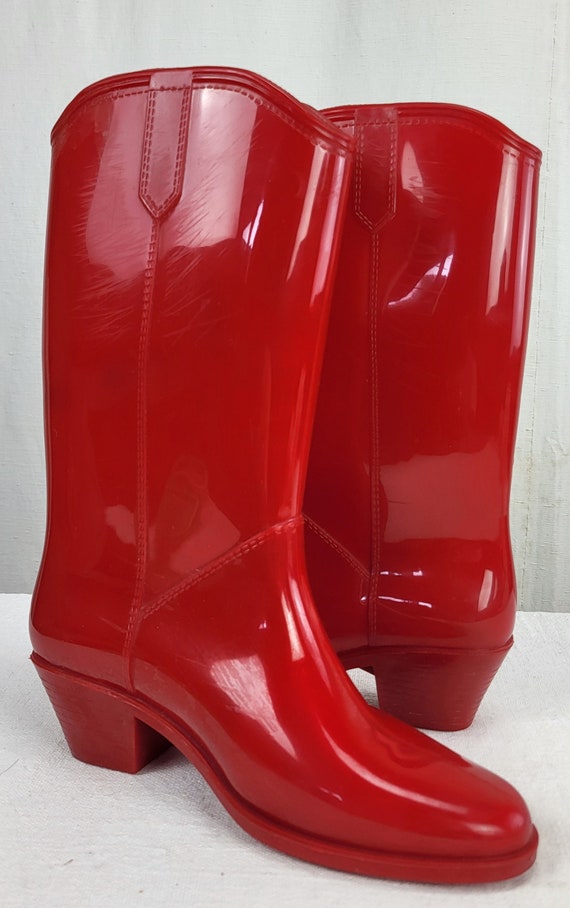 1980's Cowboy-Western Style Red Rubber Rain Boots - Gem