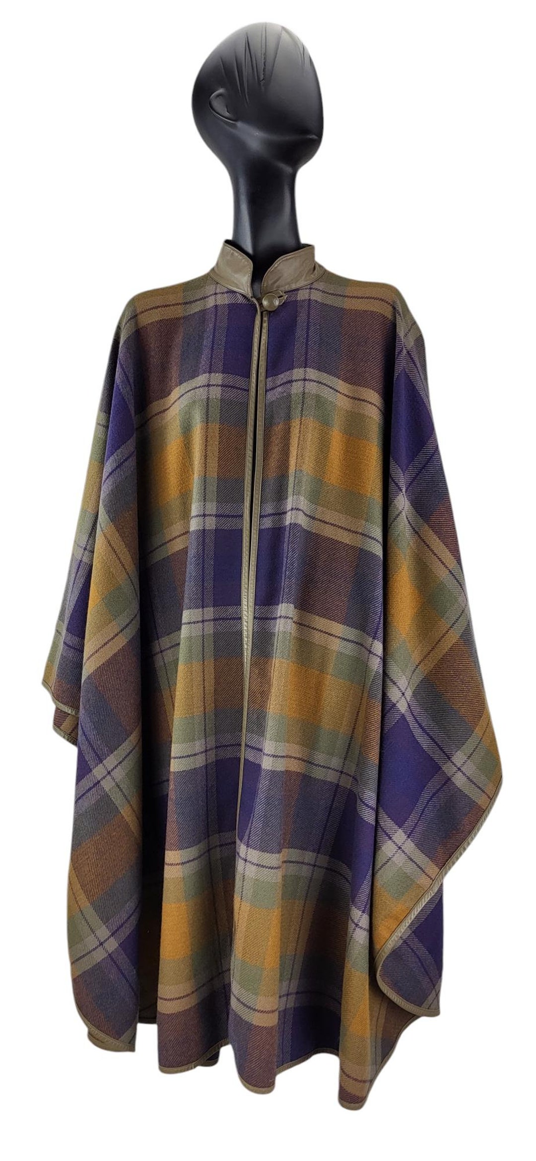 Vintage Allieri Italian Wool Cape - Leather Trimmed, Plaid Pattern in ...