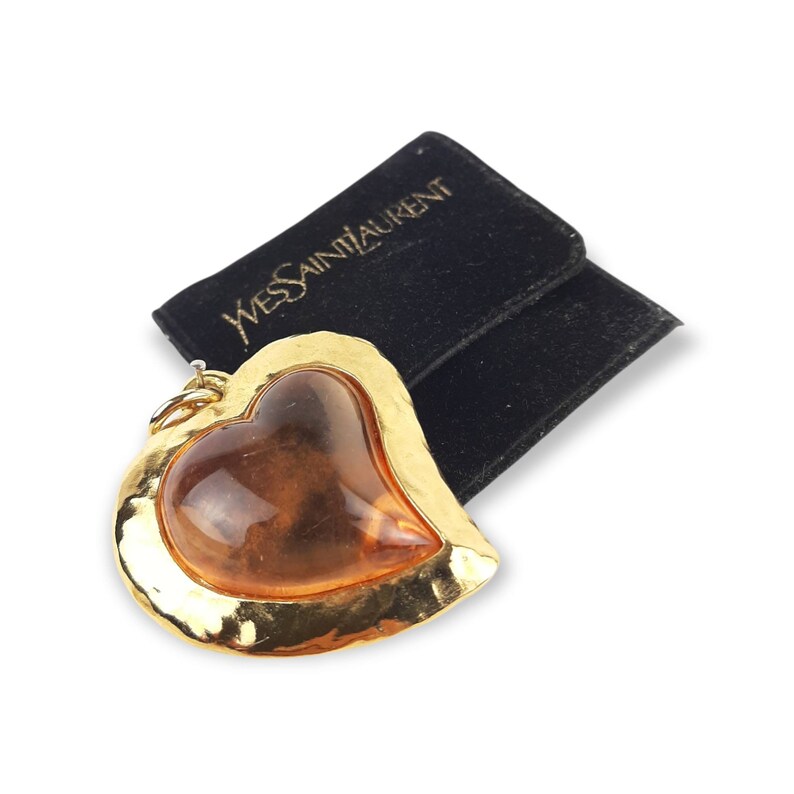 YSL Yves Saint Laurent Gold Tone Heart Pendant With Amber Lucite Heart ...