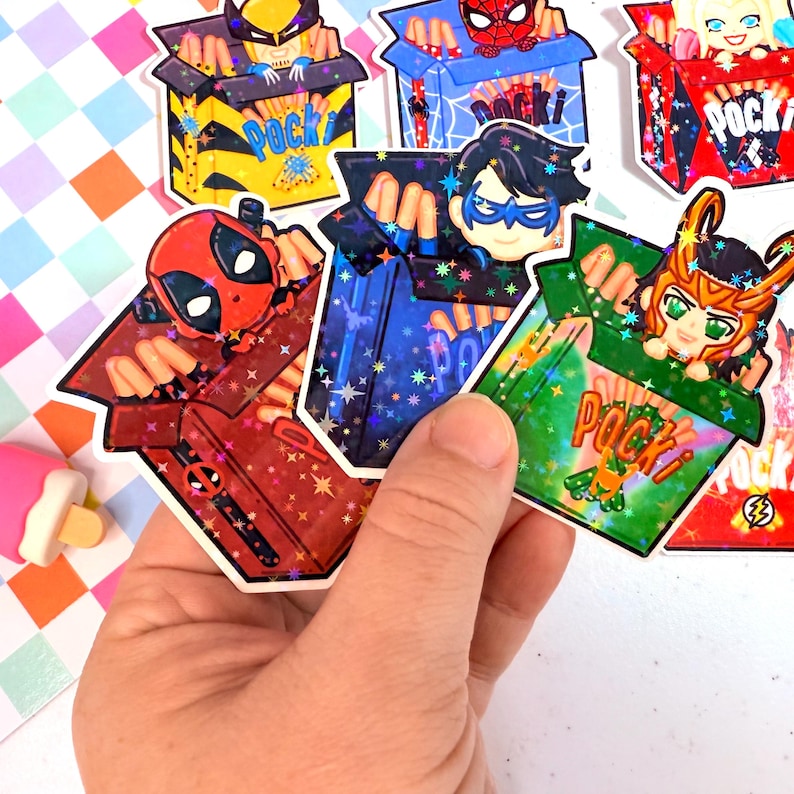 Marvel & DC Pocky Holographic Vinyl Stickers - Deadpool, Batman ...
