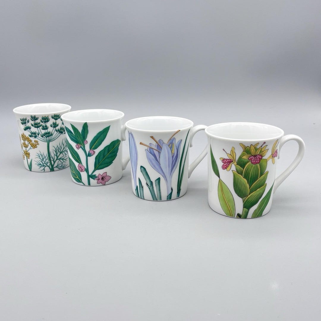 Set of 4 Horchow Collection Botanical Flowers 3.5" Coffee Cup Mug Japan ...