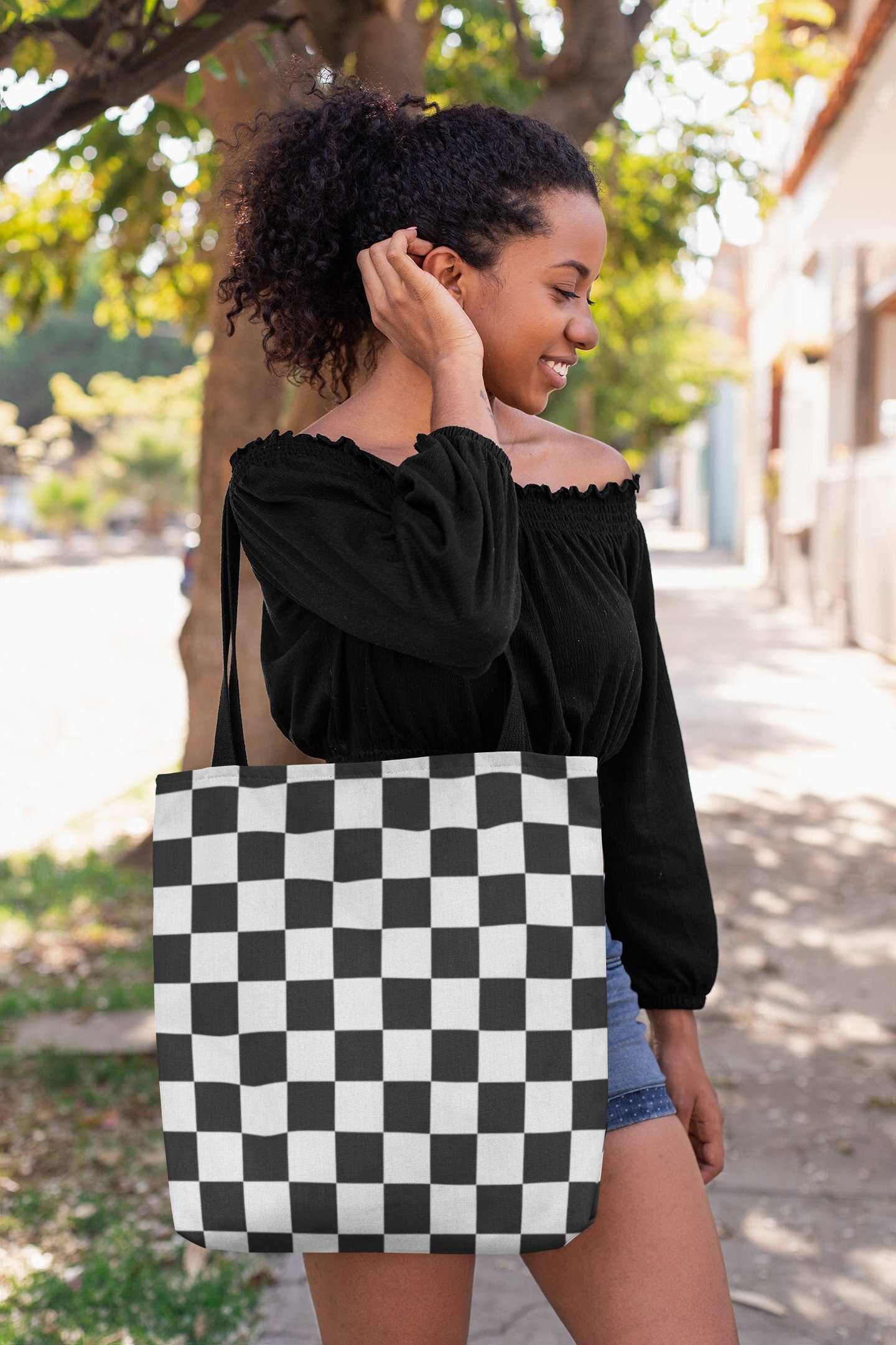 Black Checkered Tote, Checkerboard Pattern, Eco Friendly, Reusable ...