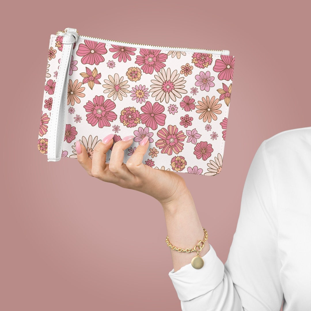 Boho Floral Wristlet, Faux Leather Wallet, Pink Flowers, Zip Pouch ...