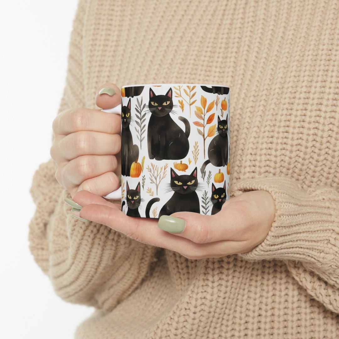 Black Cat Coffee Mug, Farmhouse, Fall Coffee Cup, Pumpkins, Halloween ...