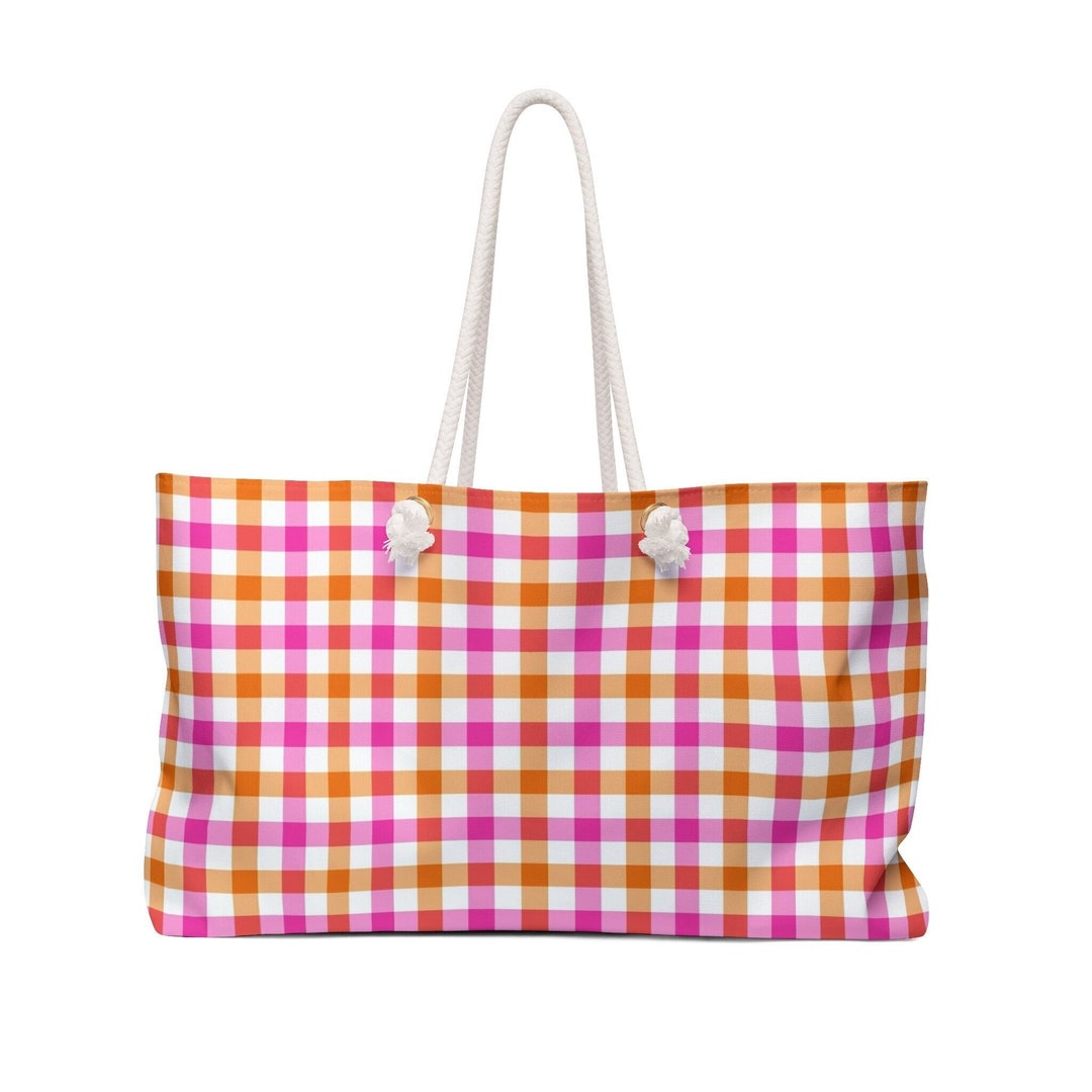 Plaid Weekender Bag, Beach Tote, Preppy, Carry on Luggage, Pink Orange ...