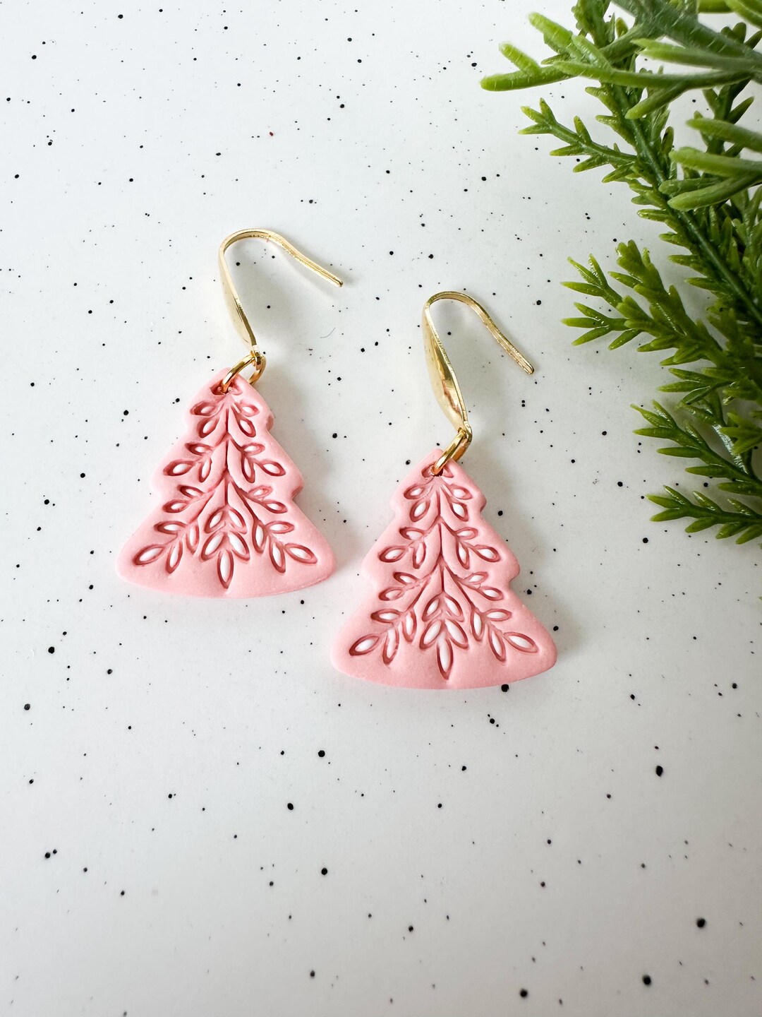 Pink Christmas Tree Earrings, Dangly Christmas Tree Earrings, Pink ...