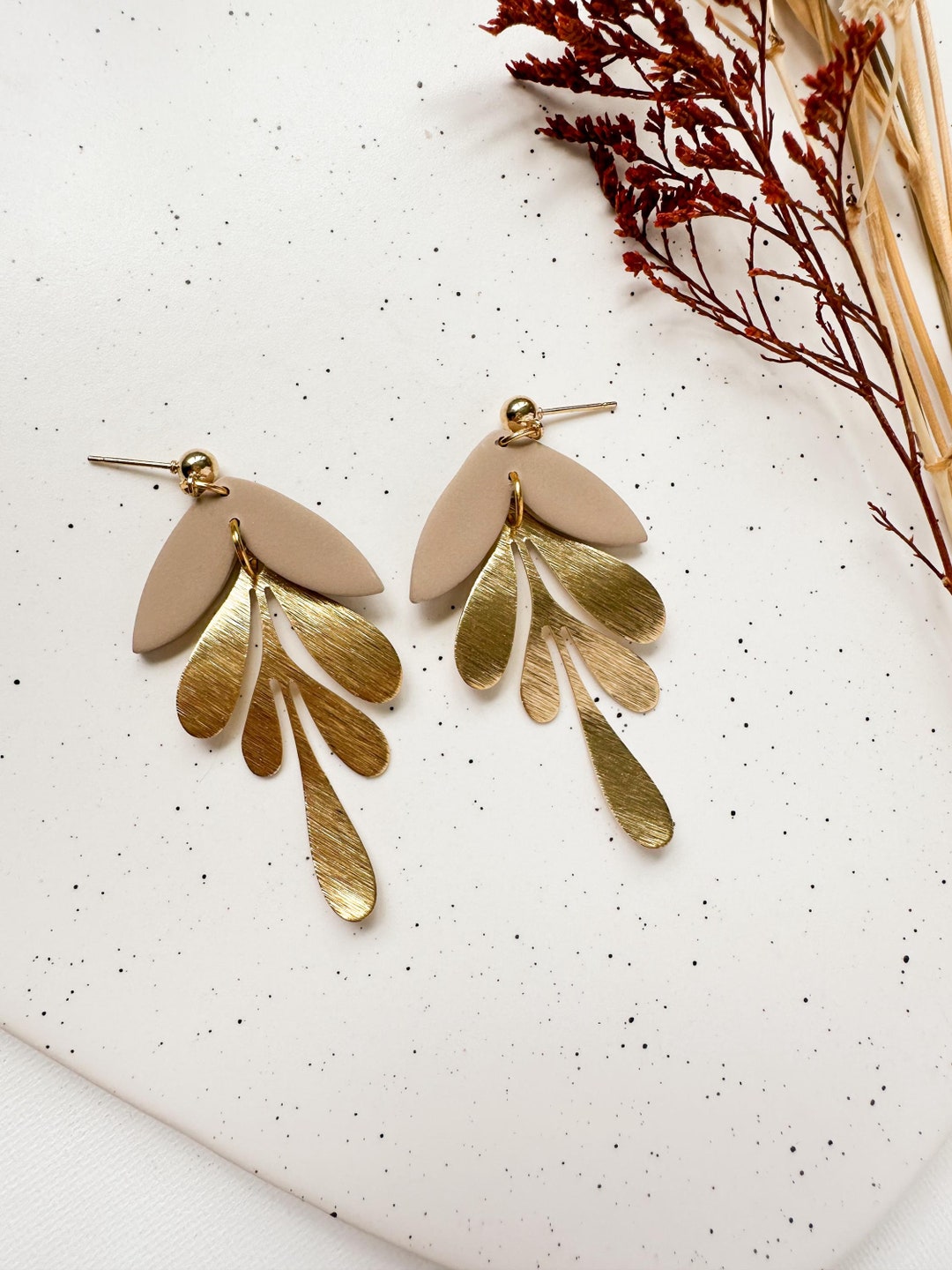 Long Neutral Earrings, Brown and Gold Earrings, Neutral Earrings, Long ...