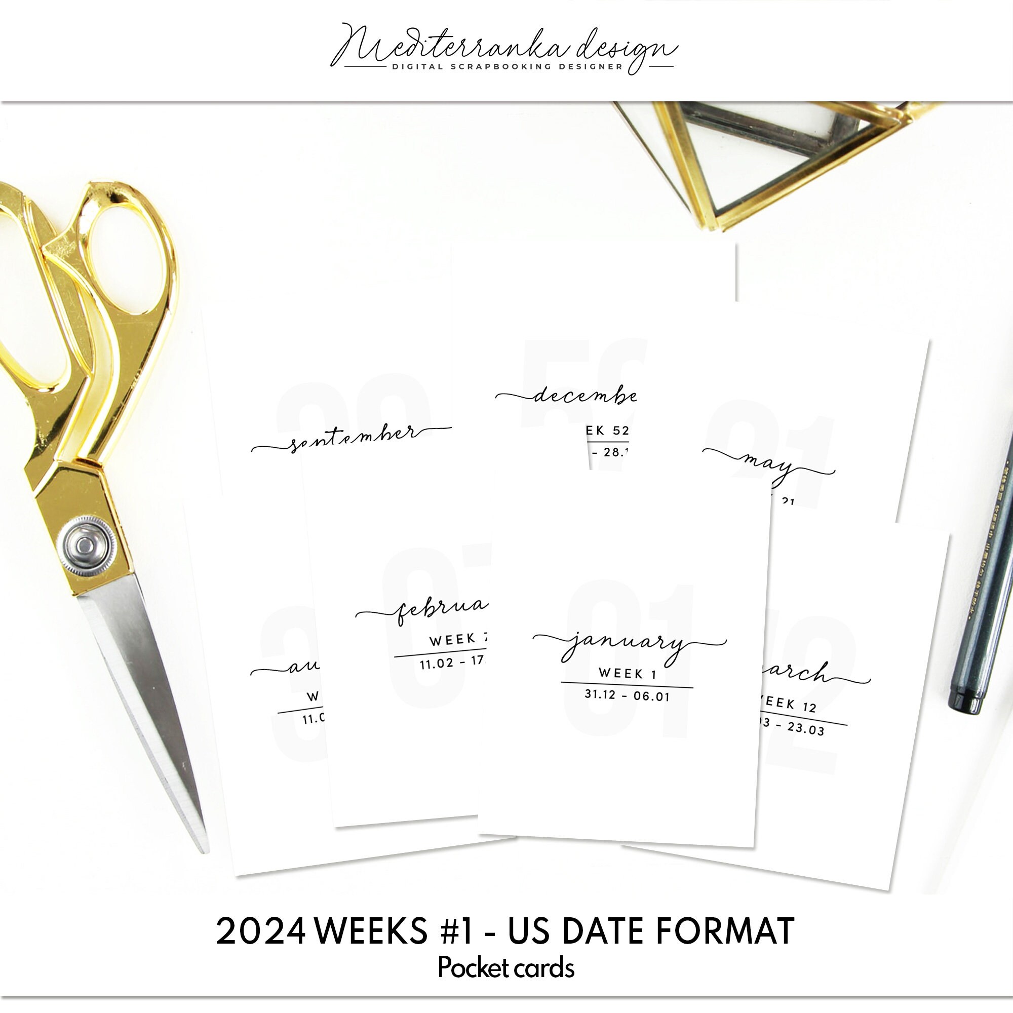 2024 Week Numbers Pocket Cards US Date Format Digital - Etsy
