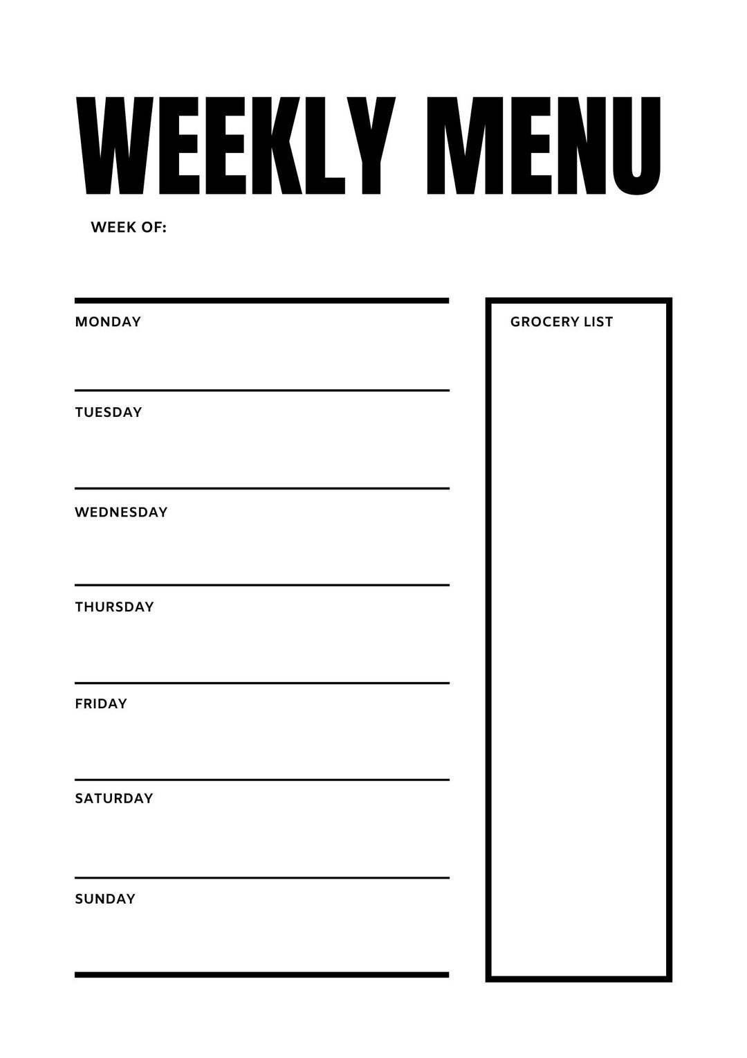Weekly Menu Printable, Menu Plan With Shopping List, Menu Planner, Meal ...
