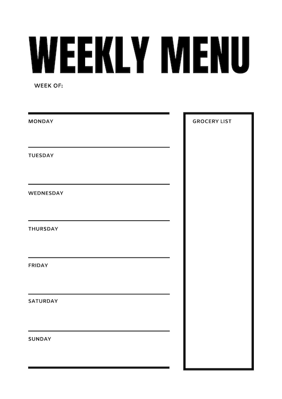Weekly Menu Printable Menu Plan With Shopping List Menu | Etsy