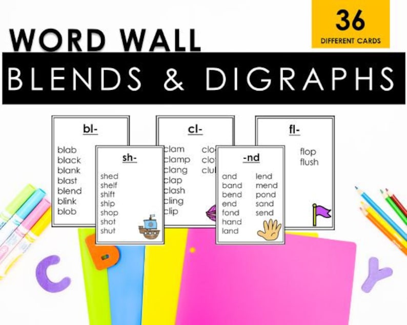 36 Blends and Digraph Cards, Word Wall, Download, Decoding Words ...