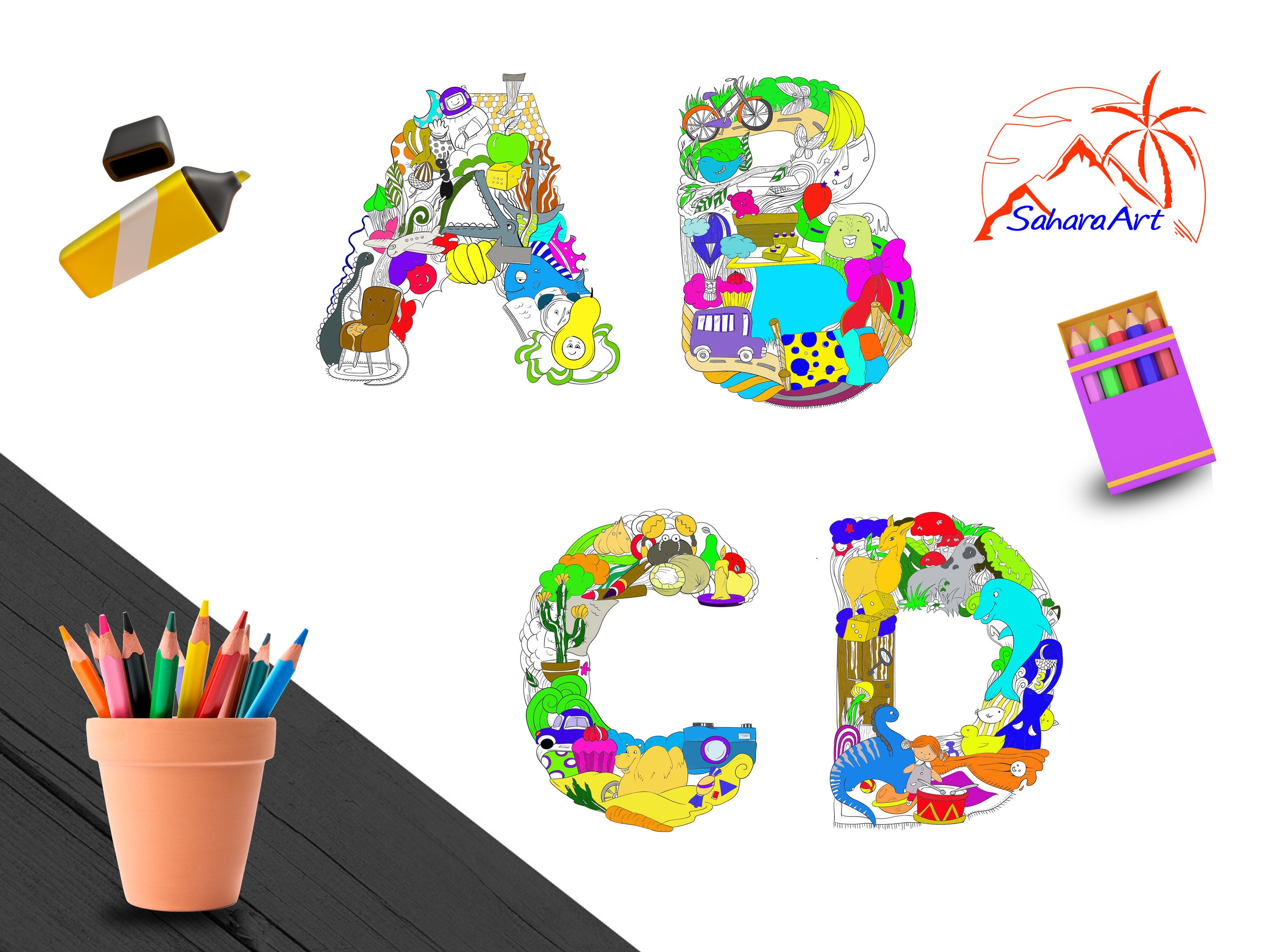 ABCD Coloring Alphabet Page PDF & JPG. Letter Recognition Worksheets ...